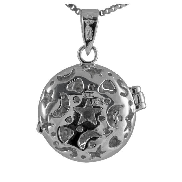 Dazzling Silver Star Locket With Cut Out Moon And Stars Reverse