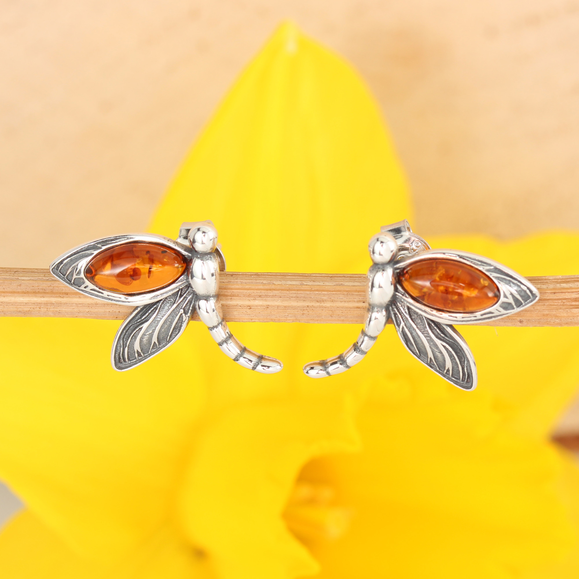 Sterling Silver Honey Baltic Amber Marquise Oxidised Dragonfly Earrings