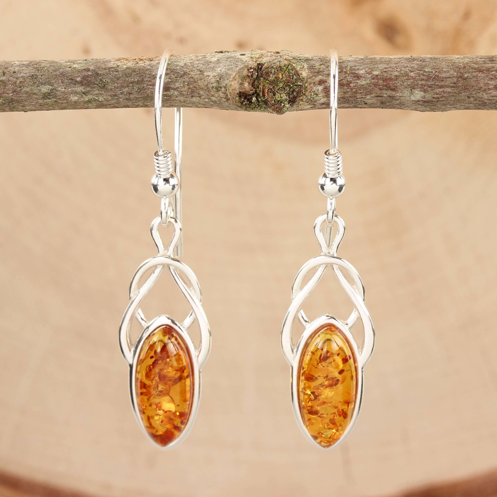 Sterling Silver Honey Baltic Amber Celtic Drop Earrings