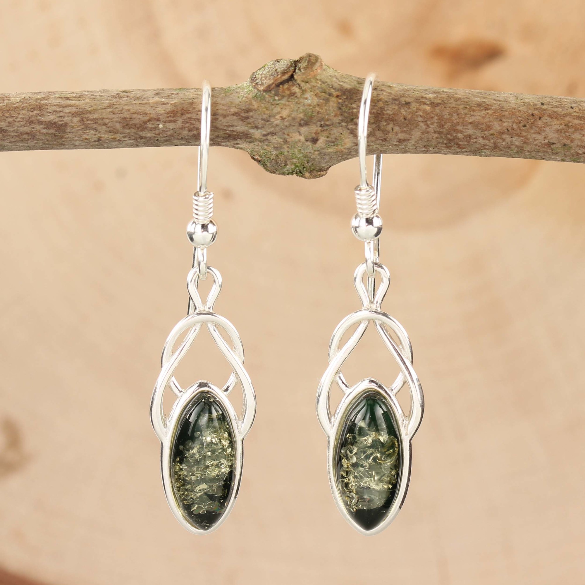 Sterling Silver Green Marquise Baltic Amber Celtic Knot Drop Earrings