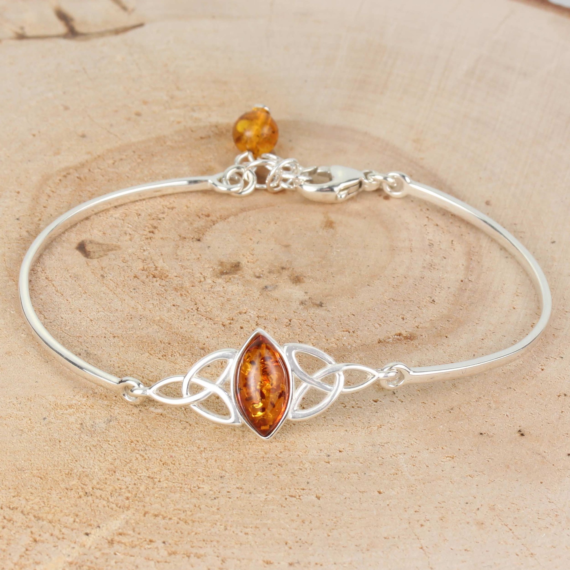 Sterling Silver Honey Baltic Amber Celtic Adjustable Bangle