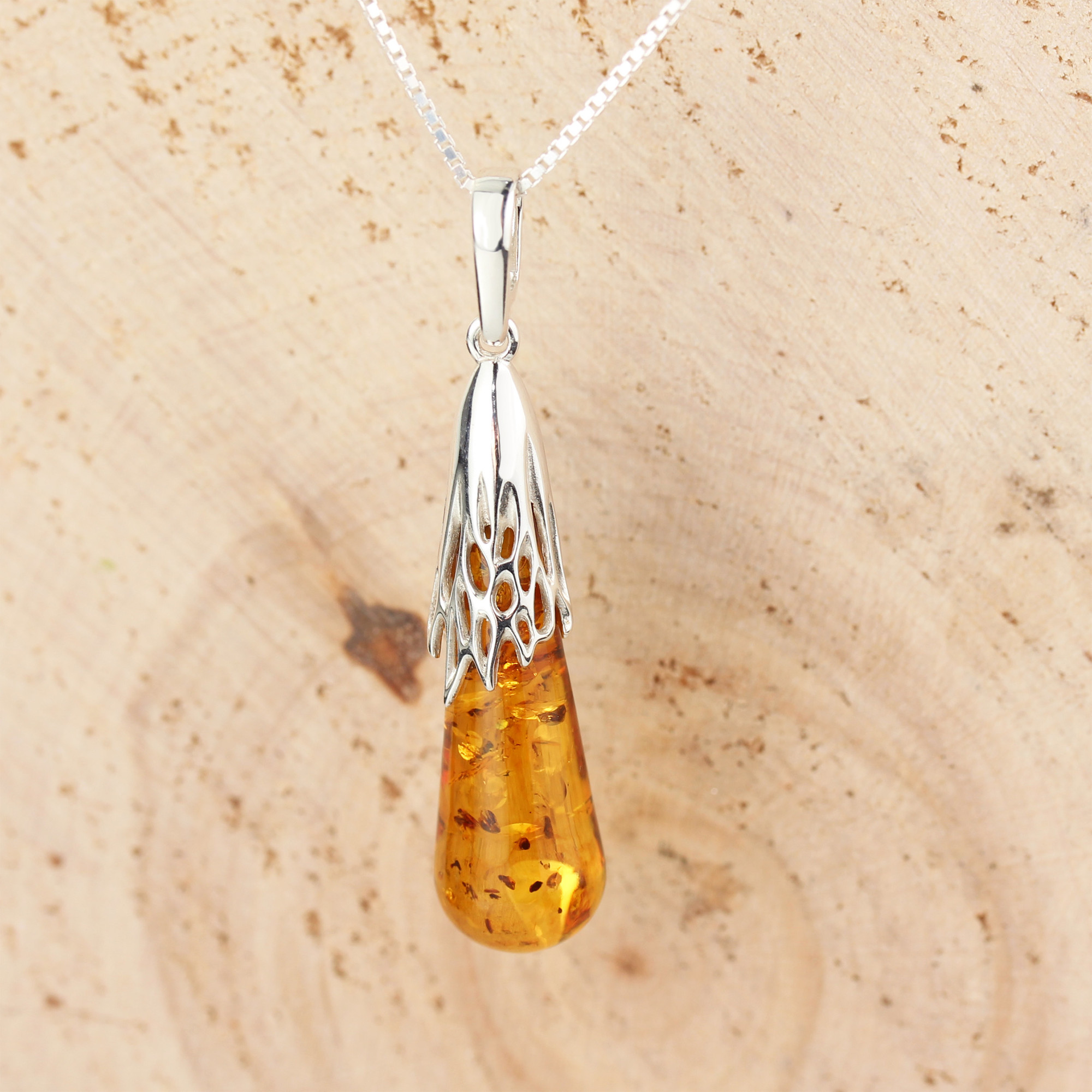 Long Cognac Baltic Amber Drop Pendant With Sterling Silver Bail