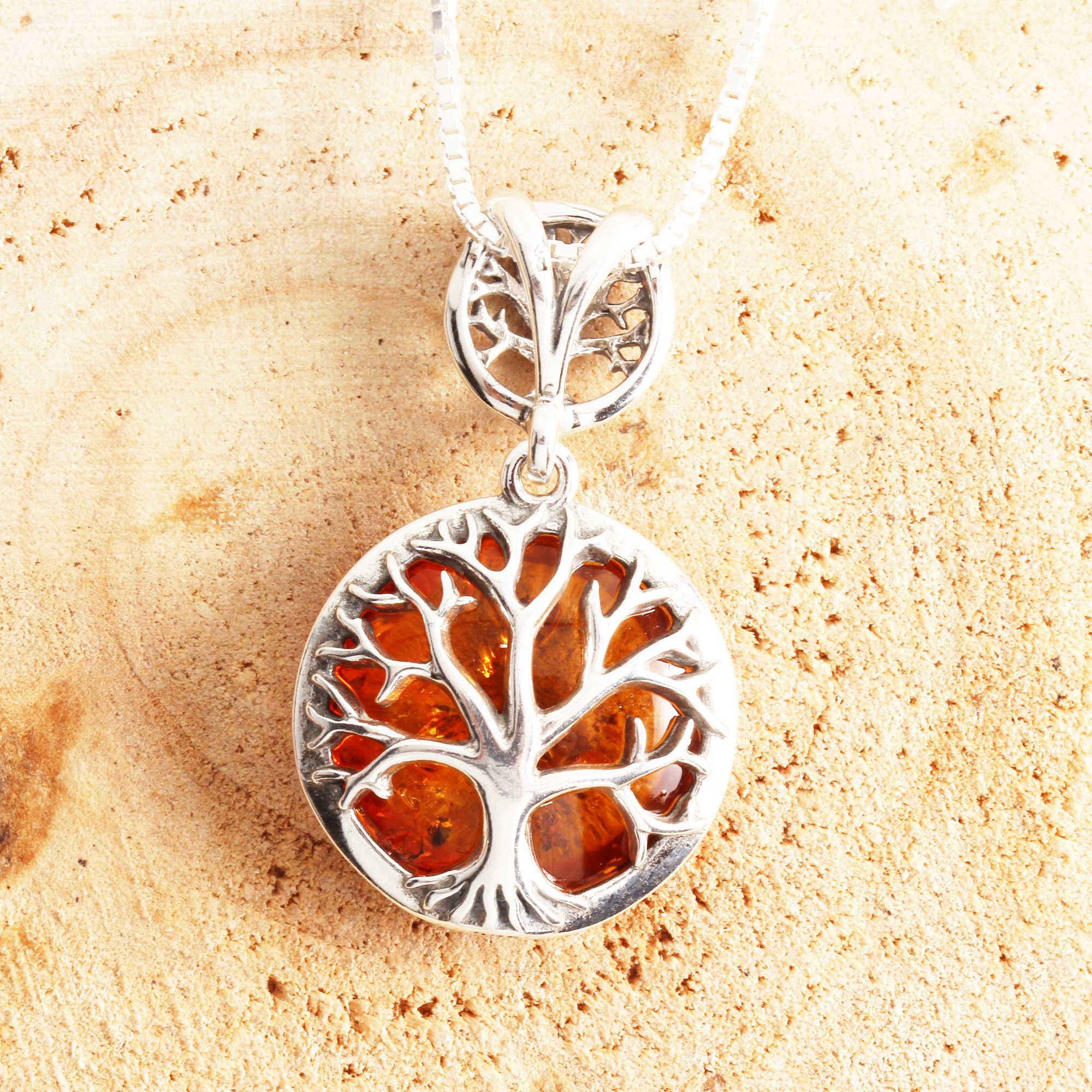 Sterling Silver Baltic Amber Tree Of Life Drop Pendant