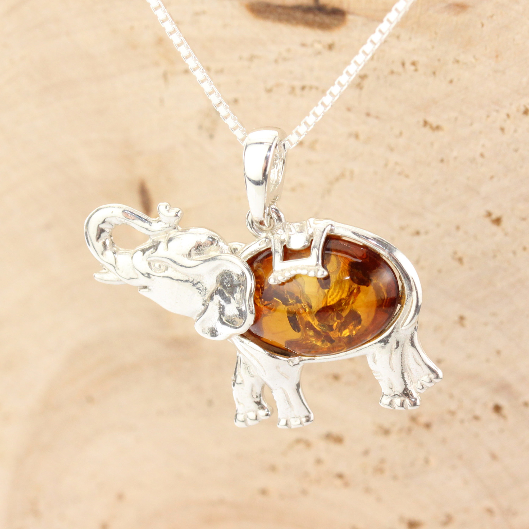 Sterling Silver Baltic Amber Elephant Pendant