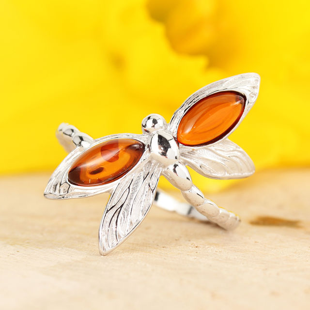 Sterling Silver Dragonfly Ring Set With Baltic Amber