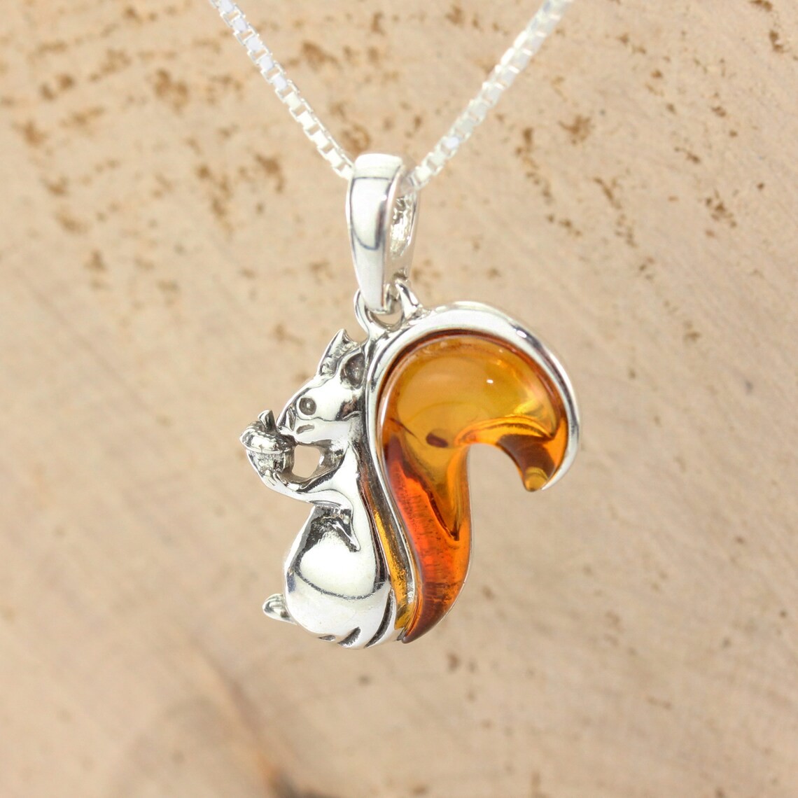 Cognac Baltic Amber Squirrel Sterling Silver Pendant
