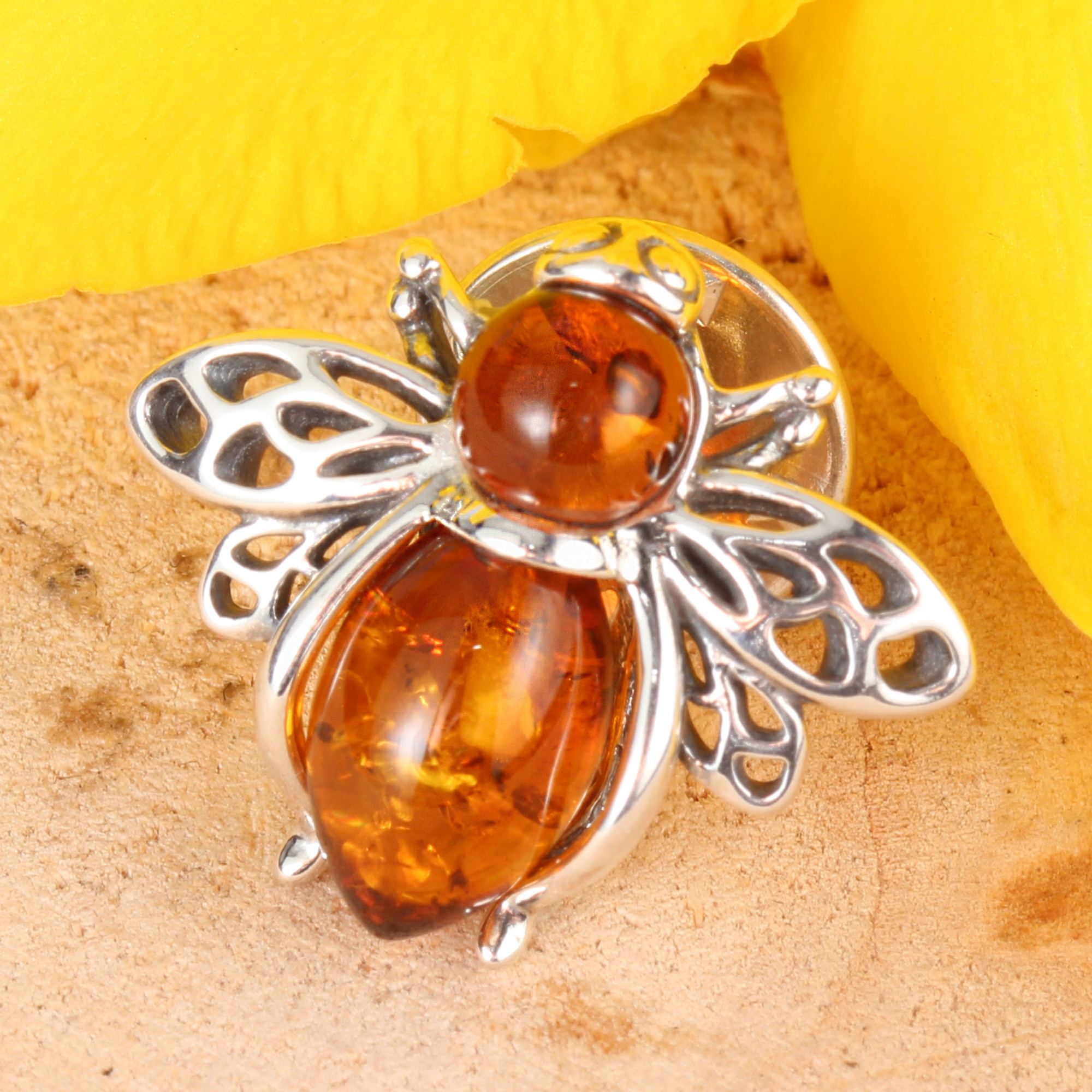 Honey Bee Brooch Pin Set With Honey Baltic Amber Sterling Silver