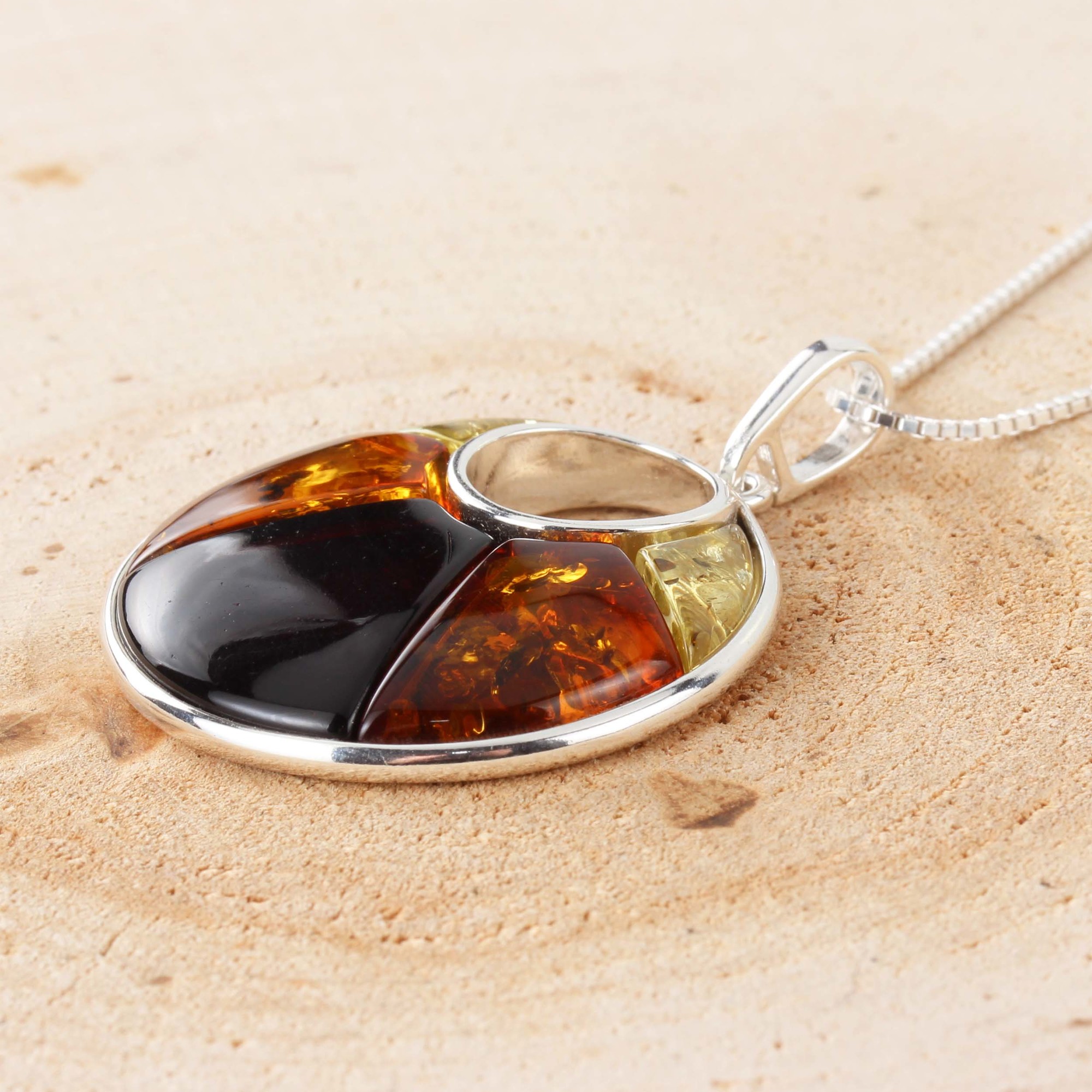 Multicoloured Baltic Amber Sterling Silver Disc Pendant