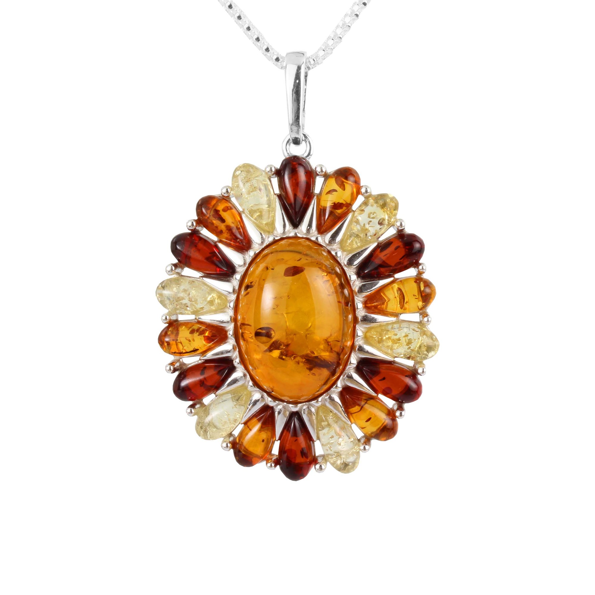 Large Sterling Silver Baltic Amber Autumn Colours Pendant