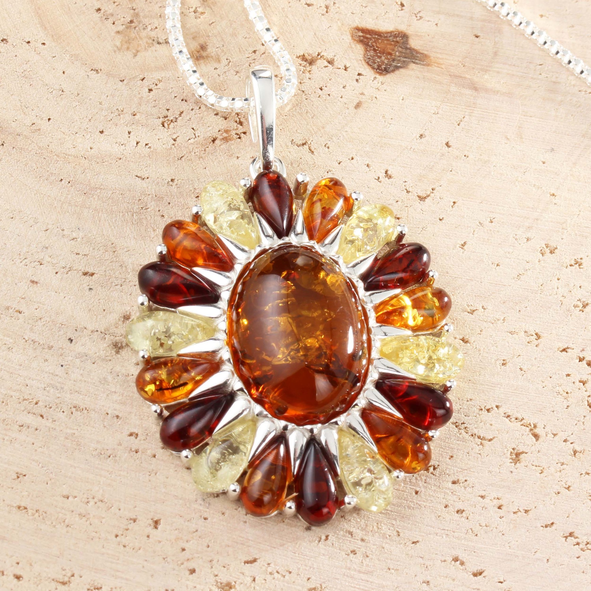 Large Sterling Silver Baltic Amber Autumn Colours Pendant