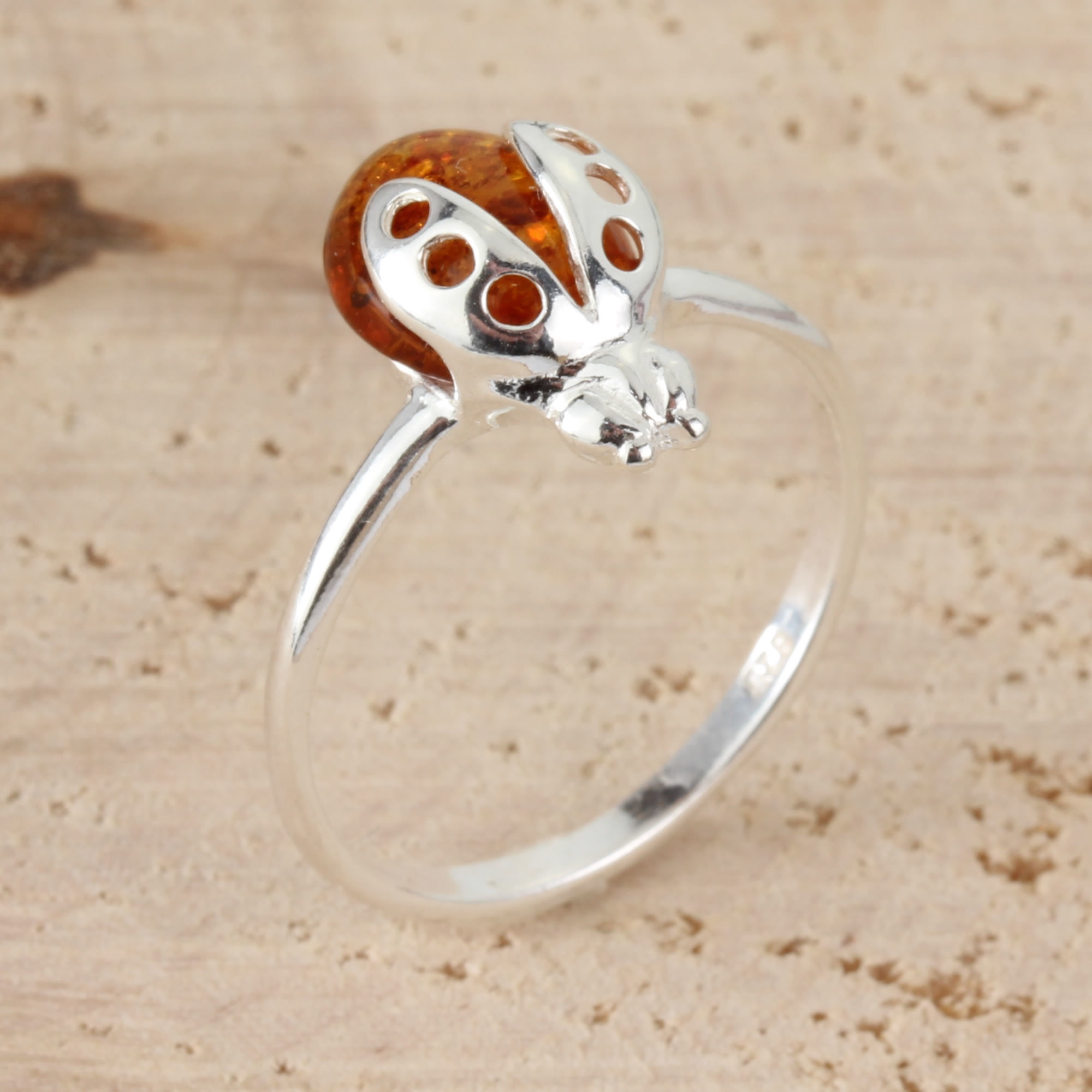Sterling Silver Baltic Amber Ladybird Ring