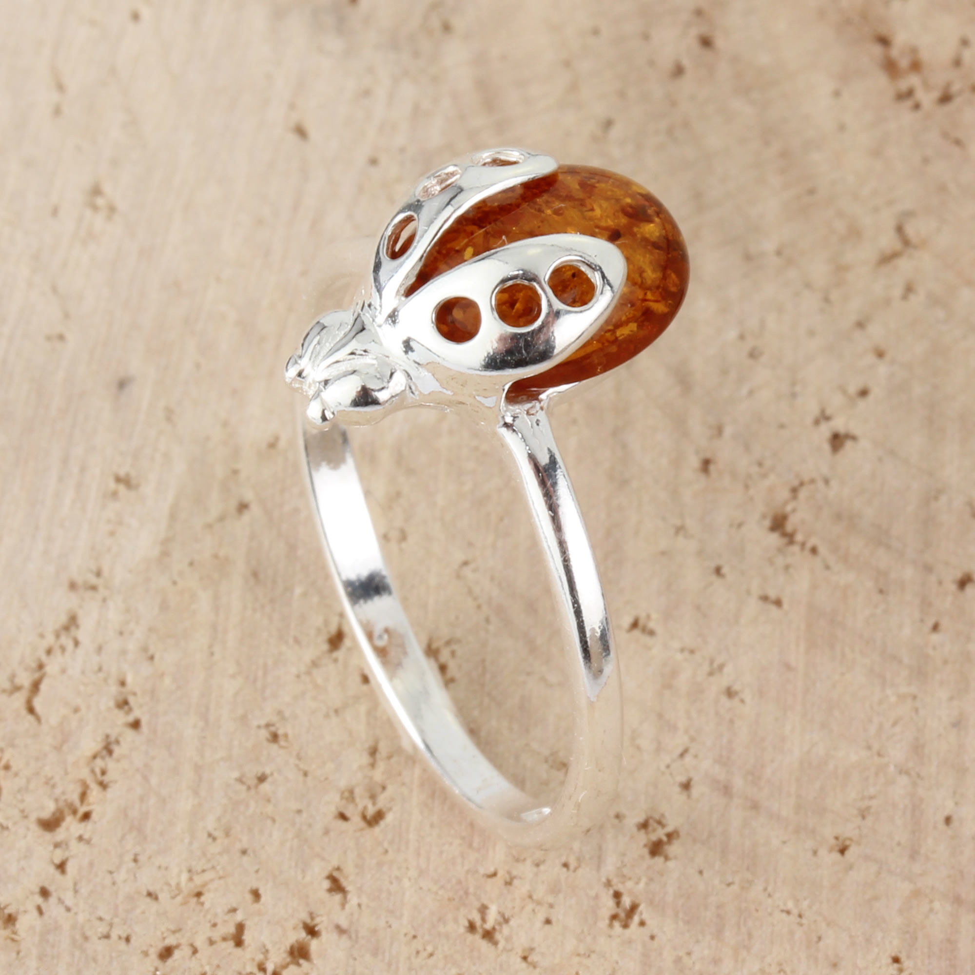 Sterling Silver Baltic Amber Ladybird Ring