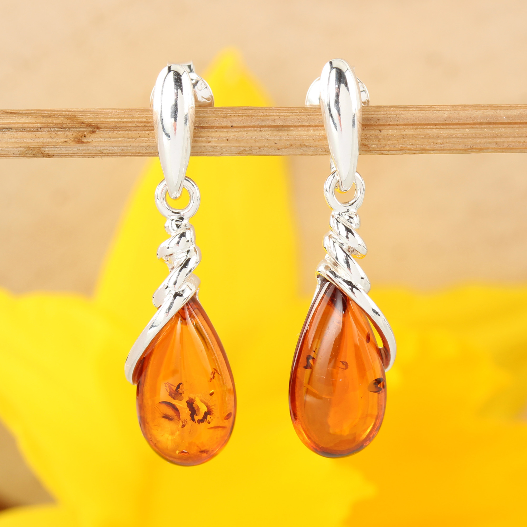 Sterling Silver Baltic Amber Spiral Drop Earrings