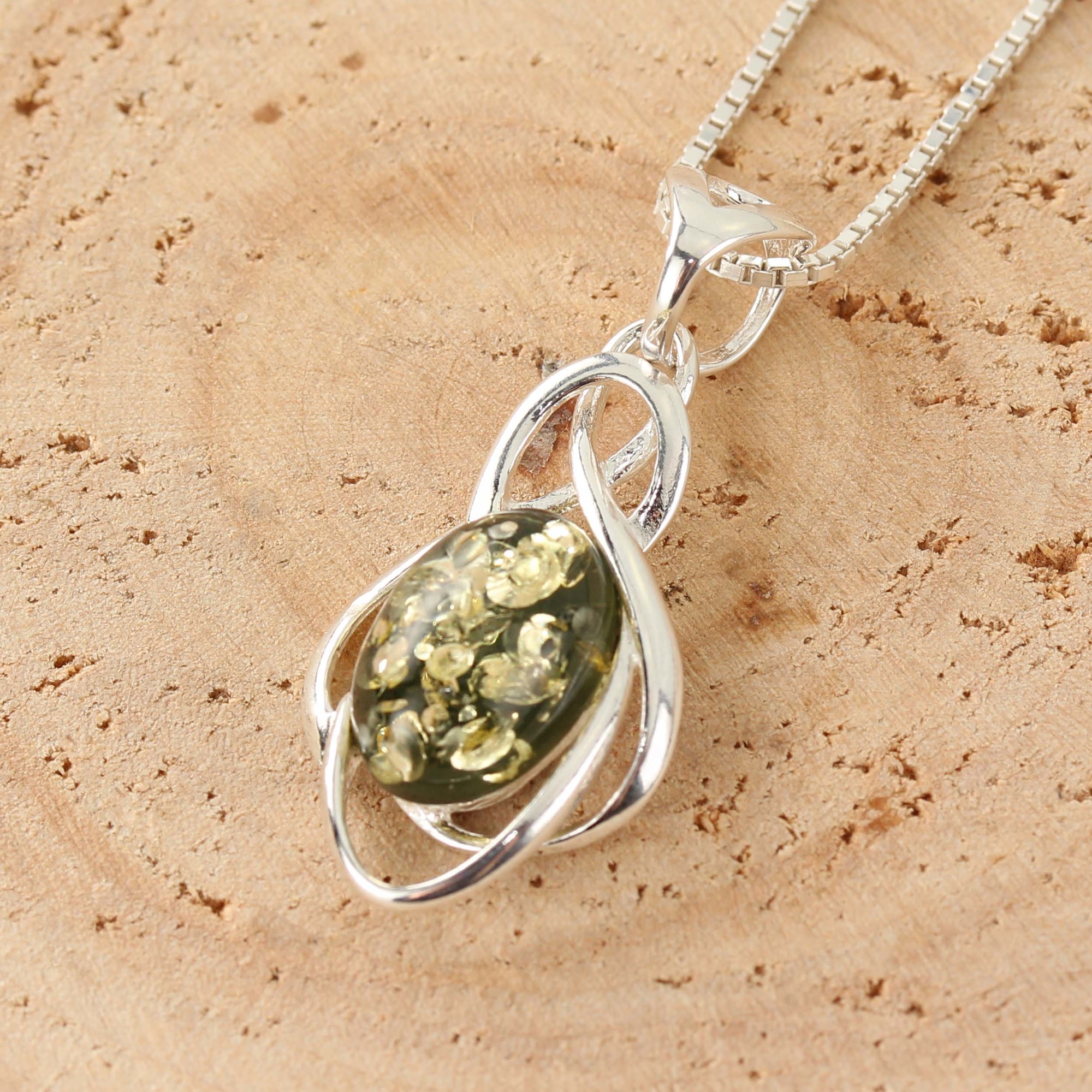 Sterling Silver Green Baltic Amber Celtic Loops Pendant