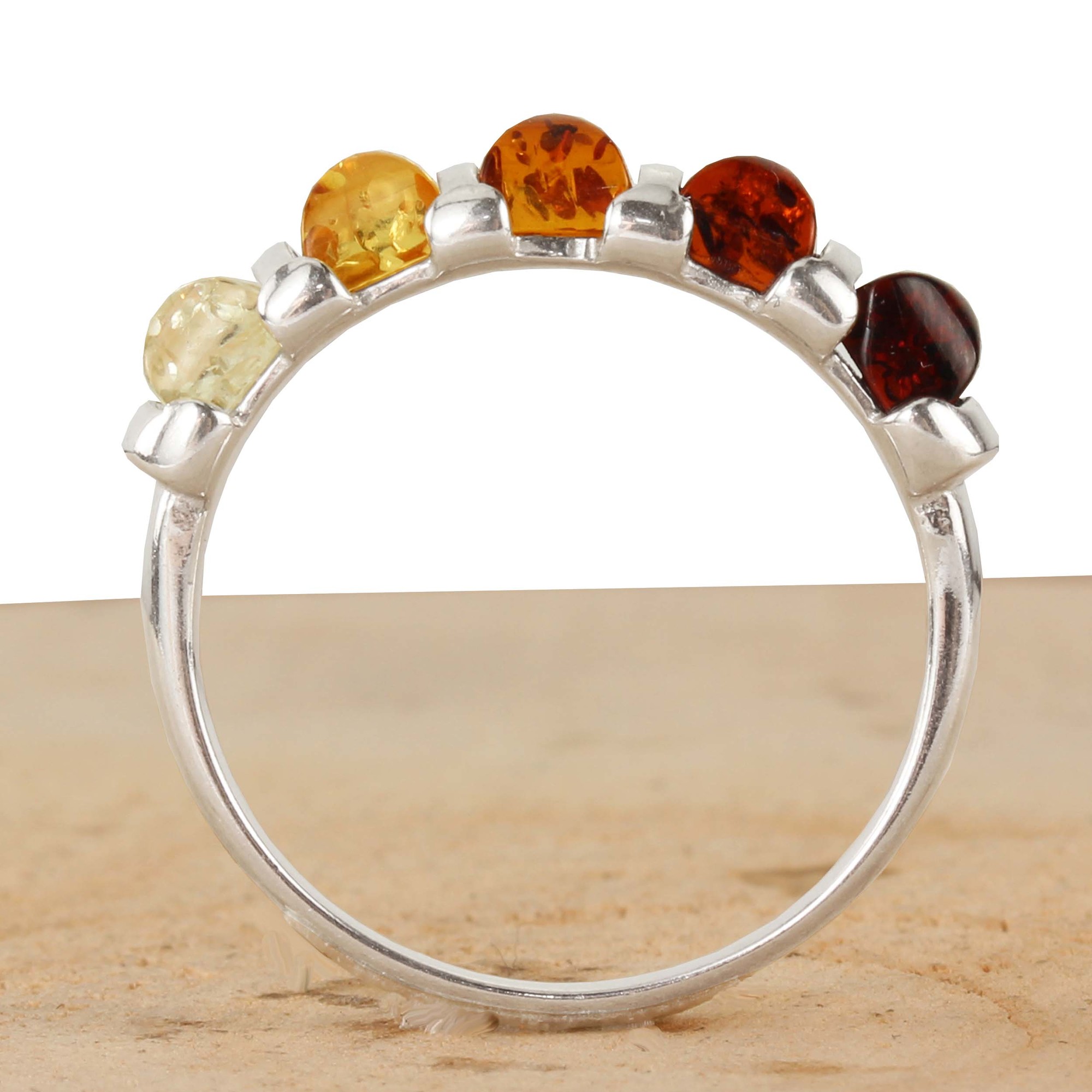 Multicoloured Baltic Amber Half Eternity Sterling Silver Ring