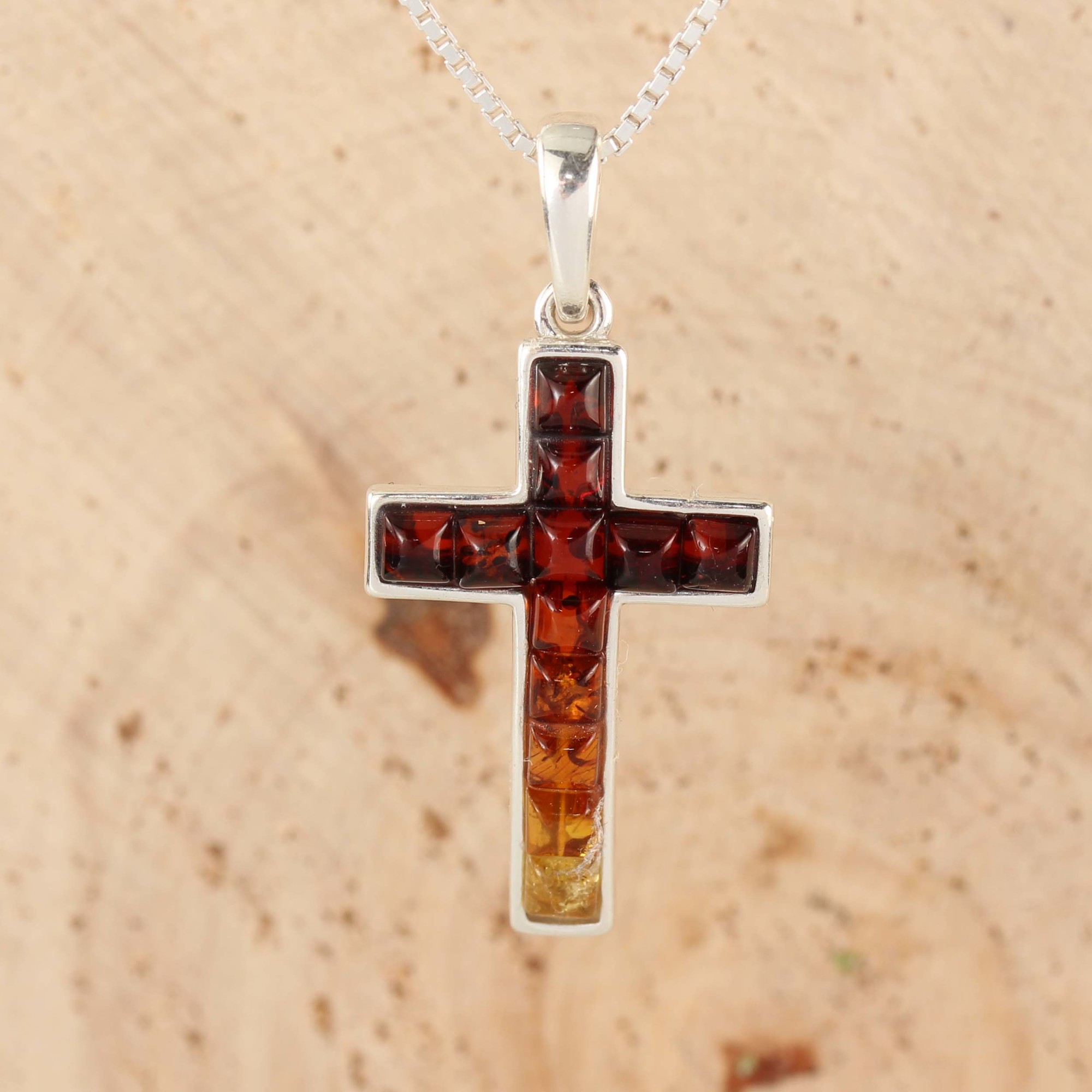 Multicoloured Baltic Amber Graduated Sterling Silver Cross Pendant