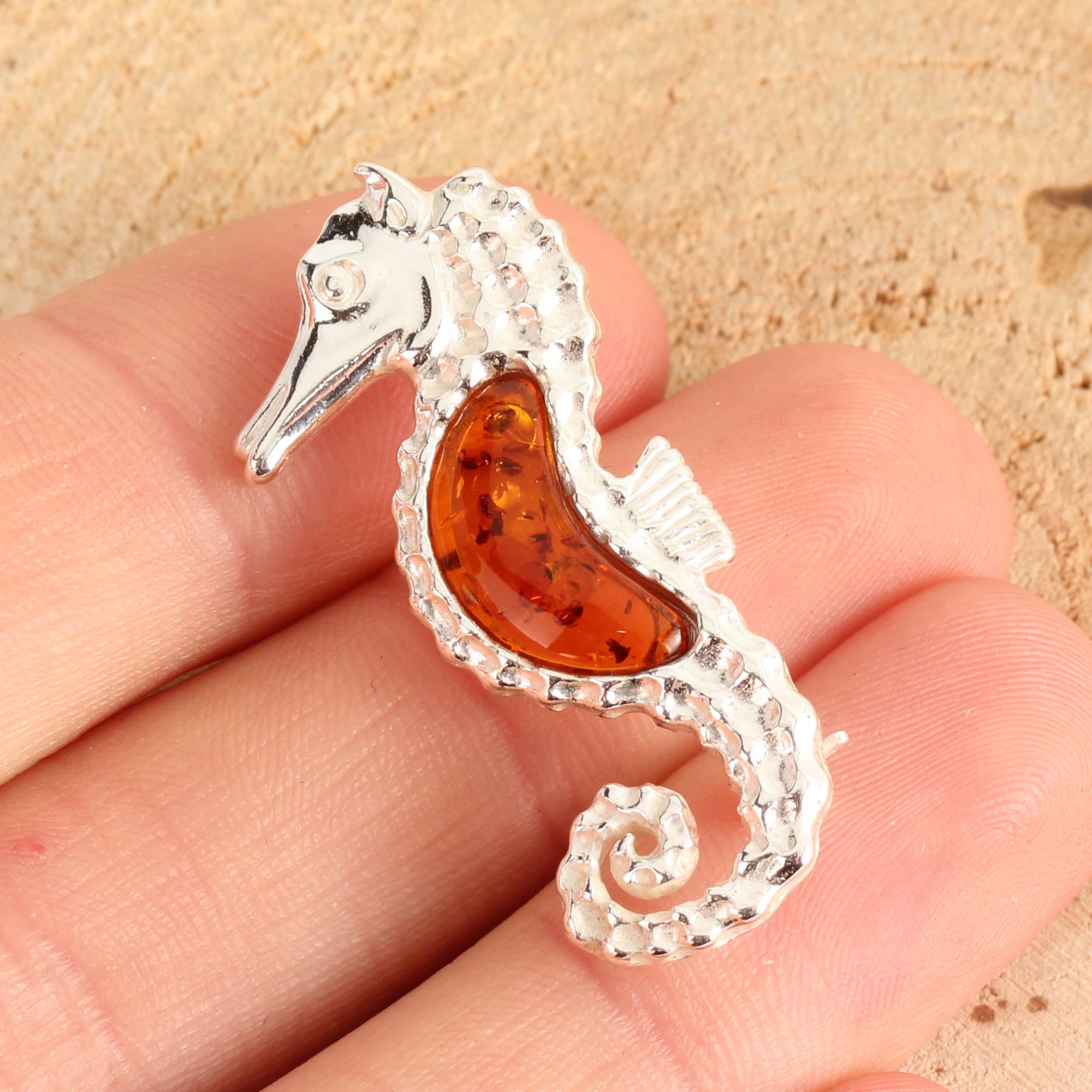 Honey Baltic Amber Seahorse Sterling Silver Brooch