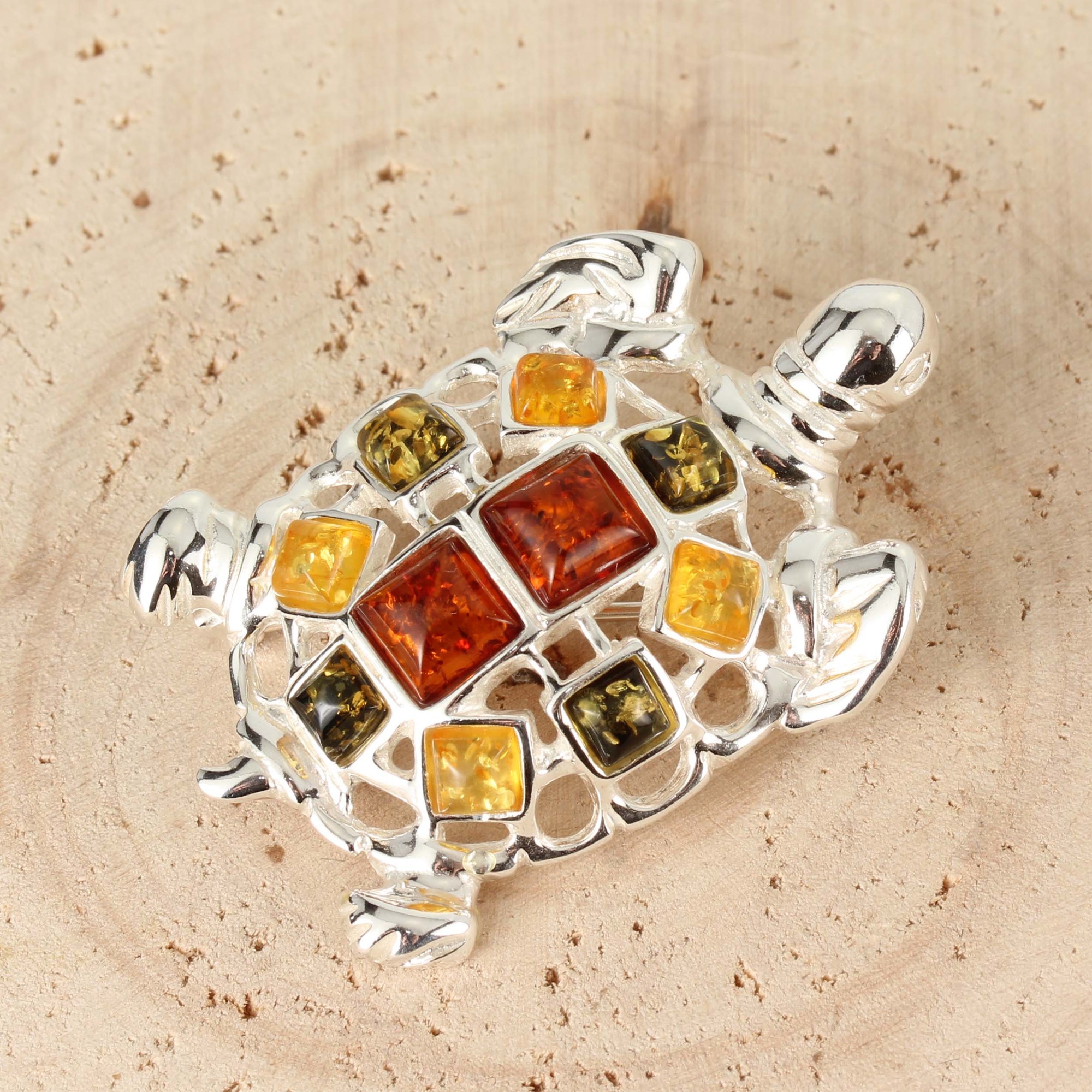 Multicoloured Baltic Amber Turtle Sterling Silver Brooch