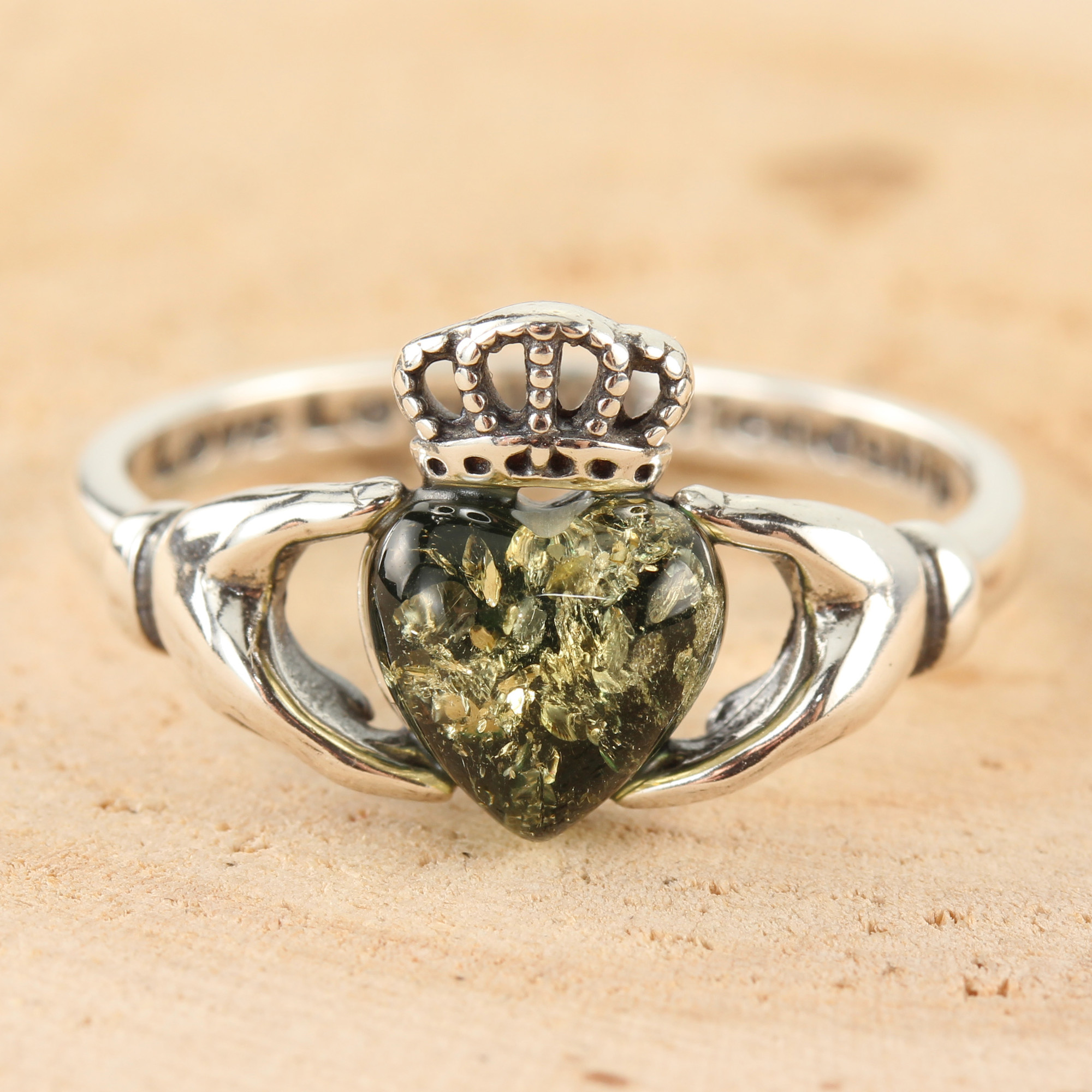 Green Baltic Amber Claddagh Sterling Silver Ring