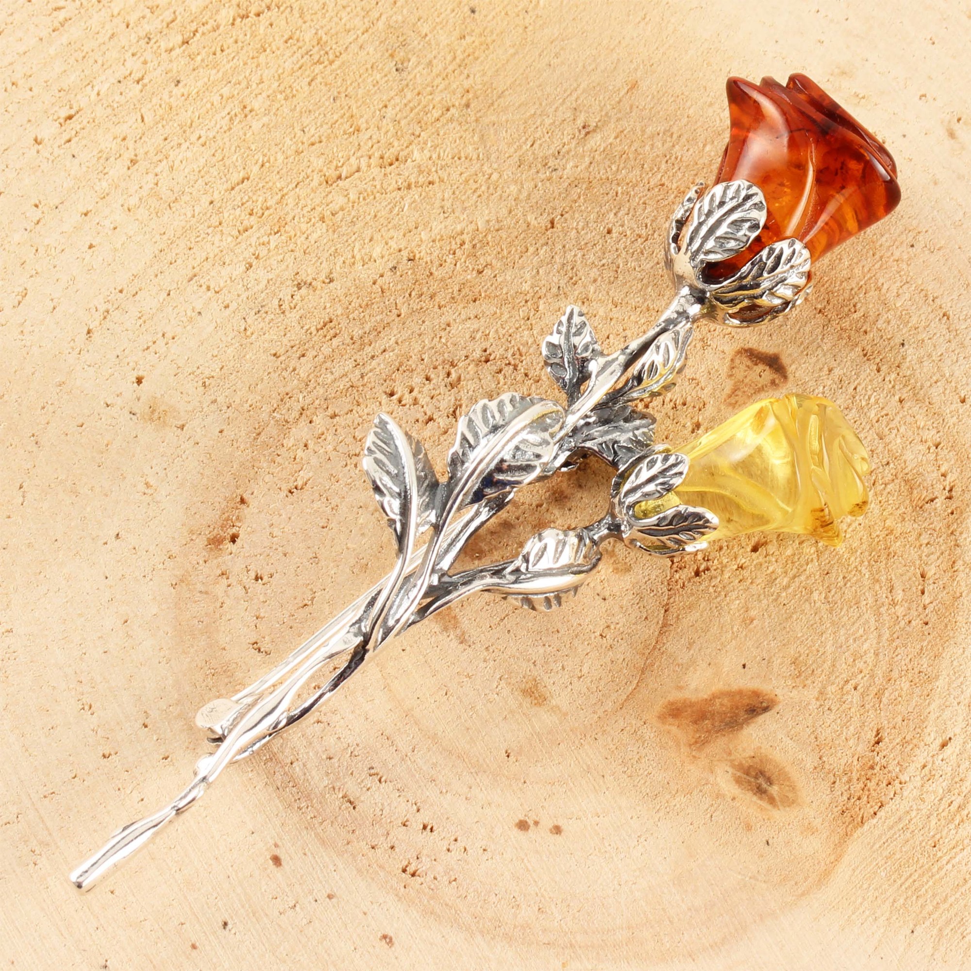 Lemon And Cognac Baltic Amber Rose Sterling Silver Brooch