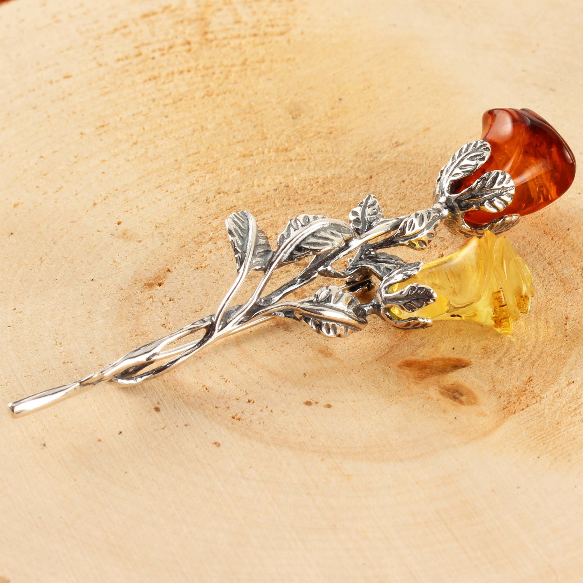 Lemon And Cognac Baltic Amber Rose Sterling Silver Brooch