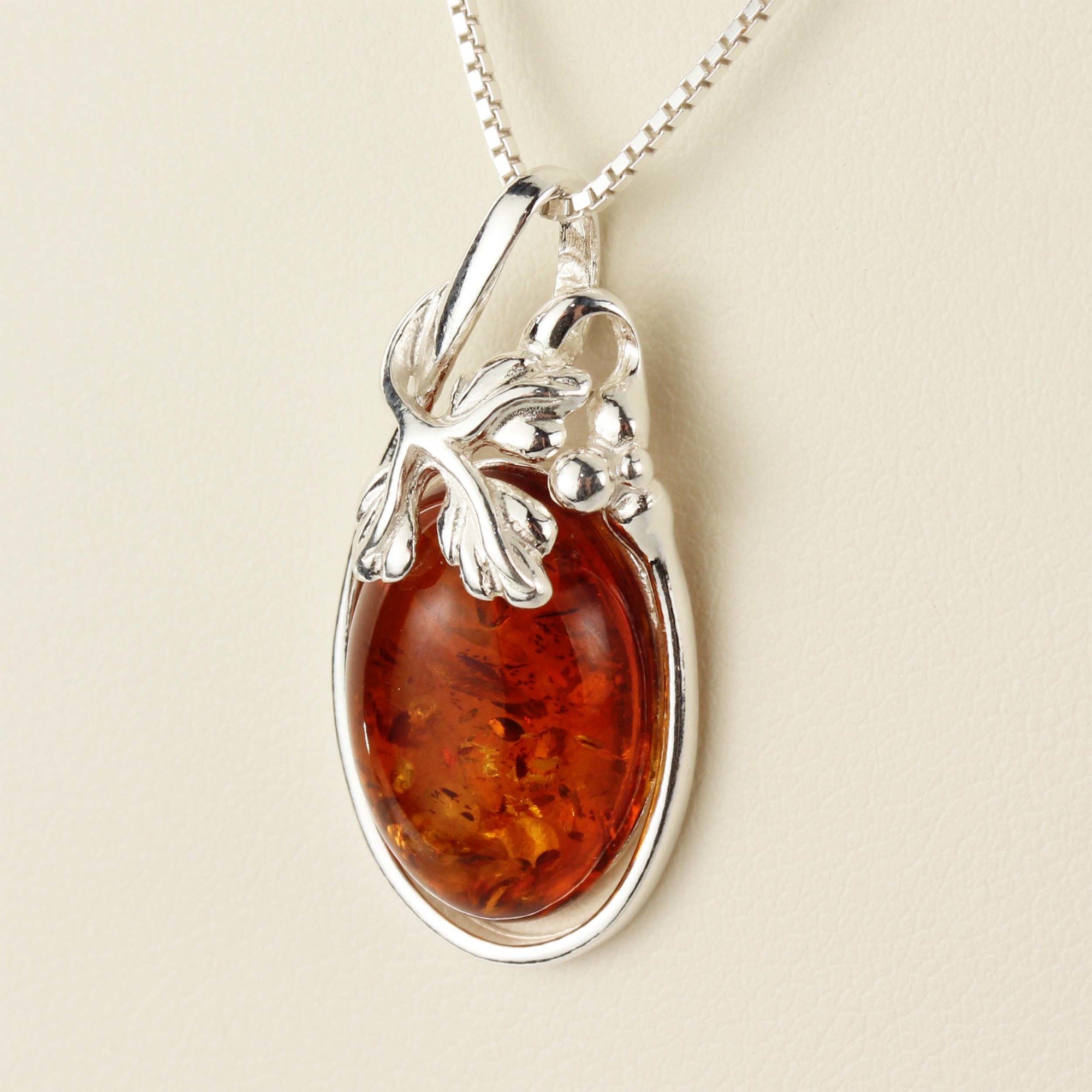 Honey Baltic Amber Berry Leaves Sterling Silver Pendant
