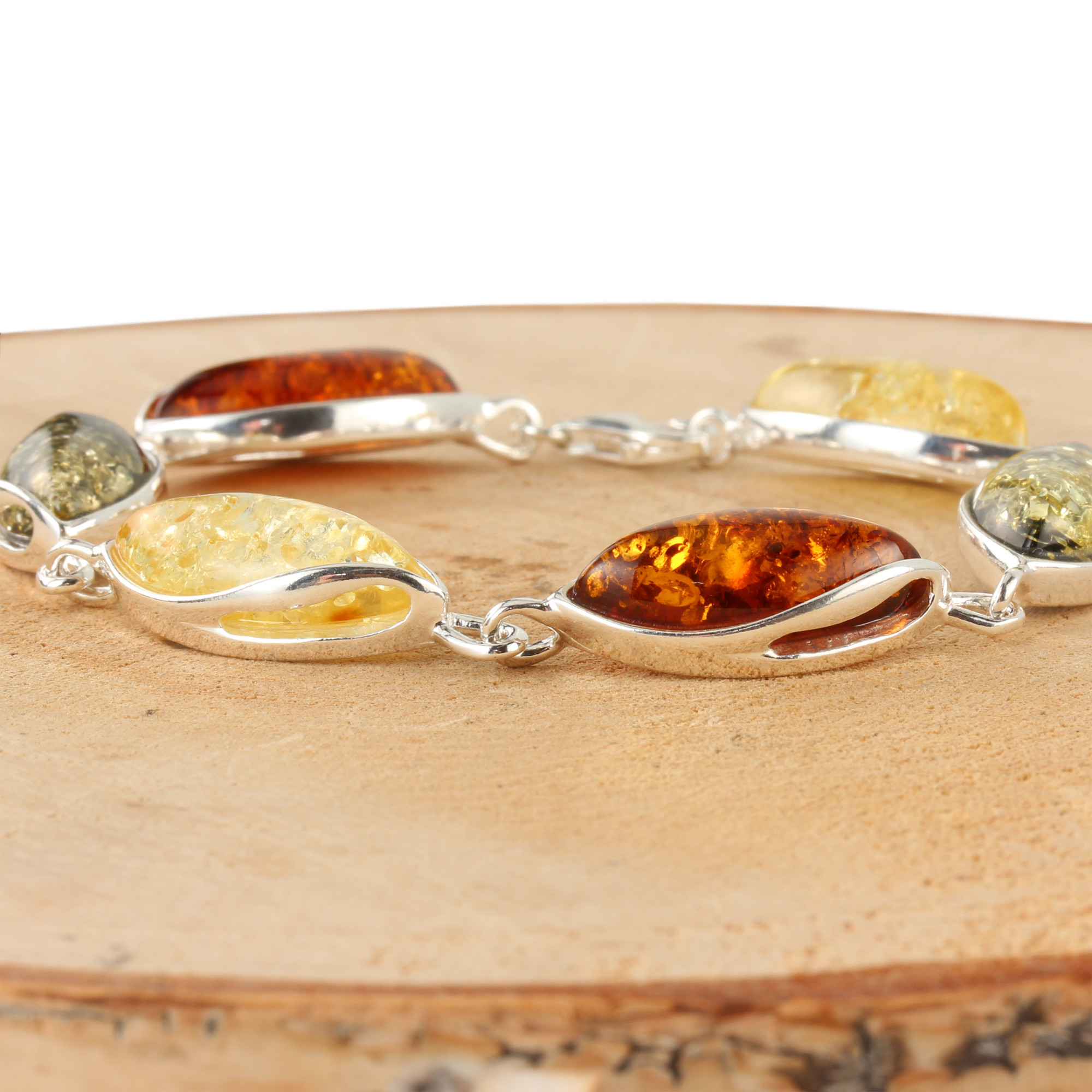 Chunky Multicoloured Baltic Amber Sterling Silver Bracelet