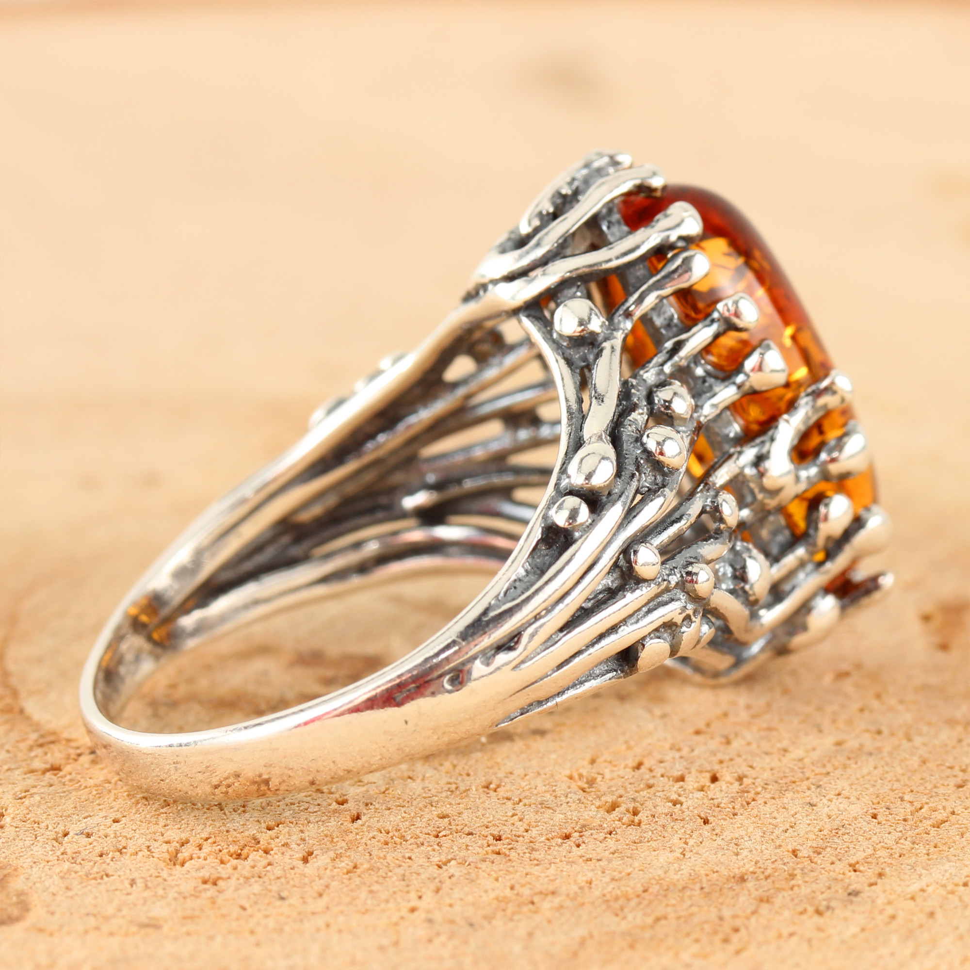 Large Honey Baltic Amber Sterling Silver Cascade Ring