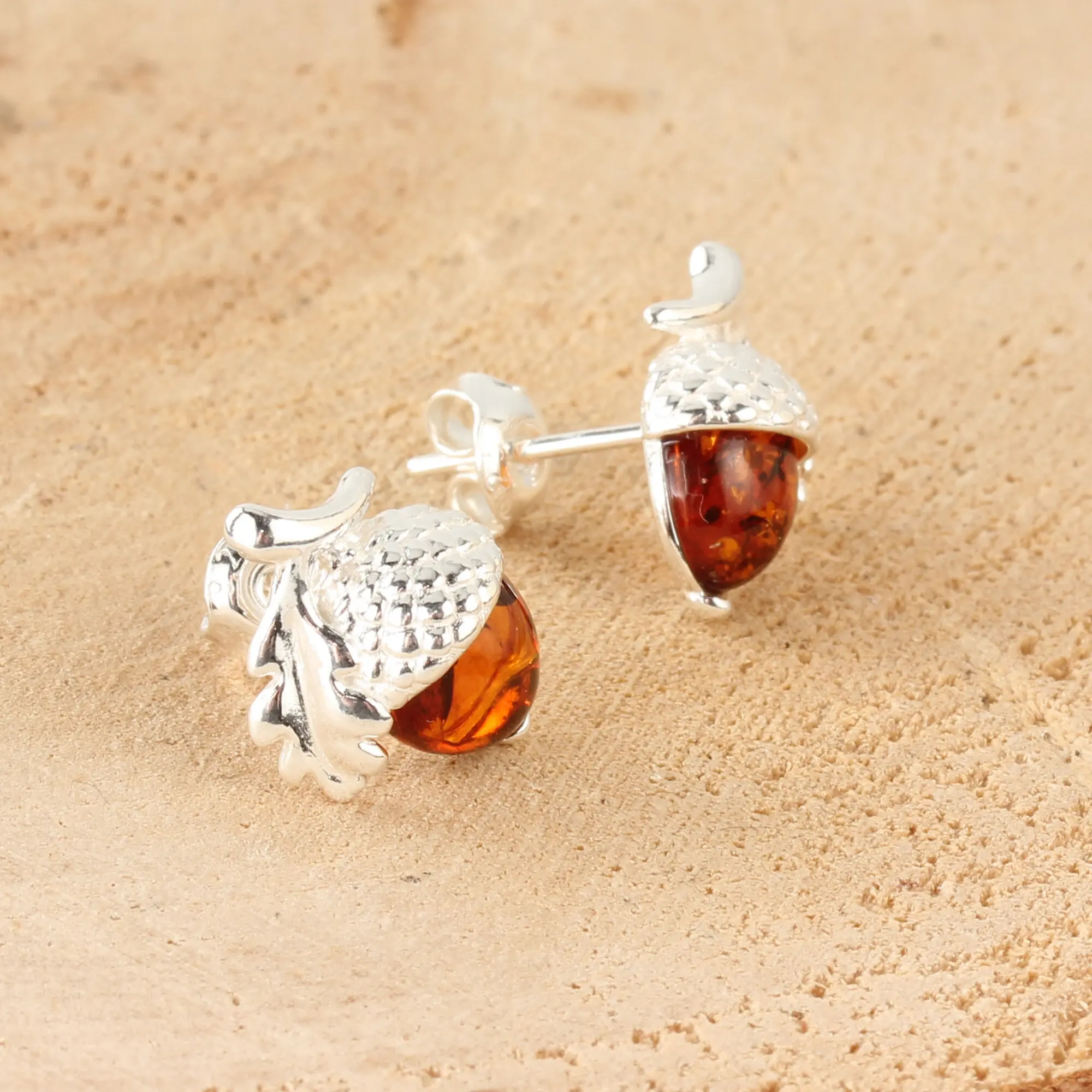 Sterling Silver Honey Baltic Amber Acorn And Oak Leaf Mini Stud Earrings