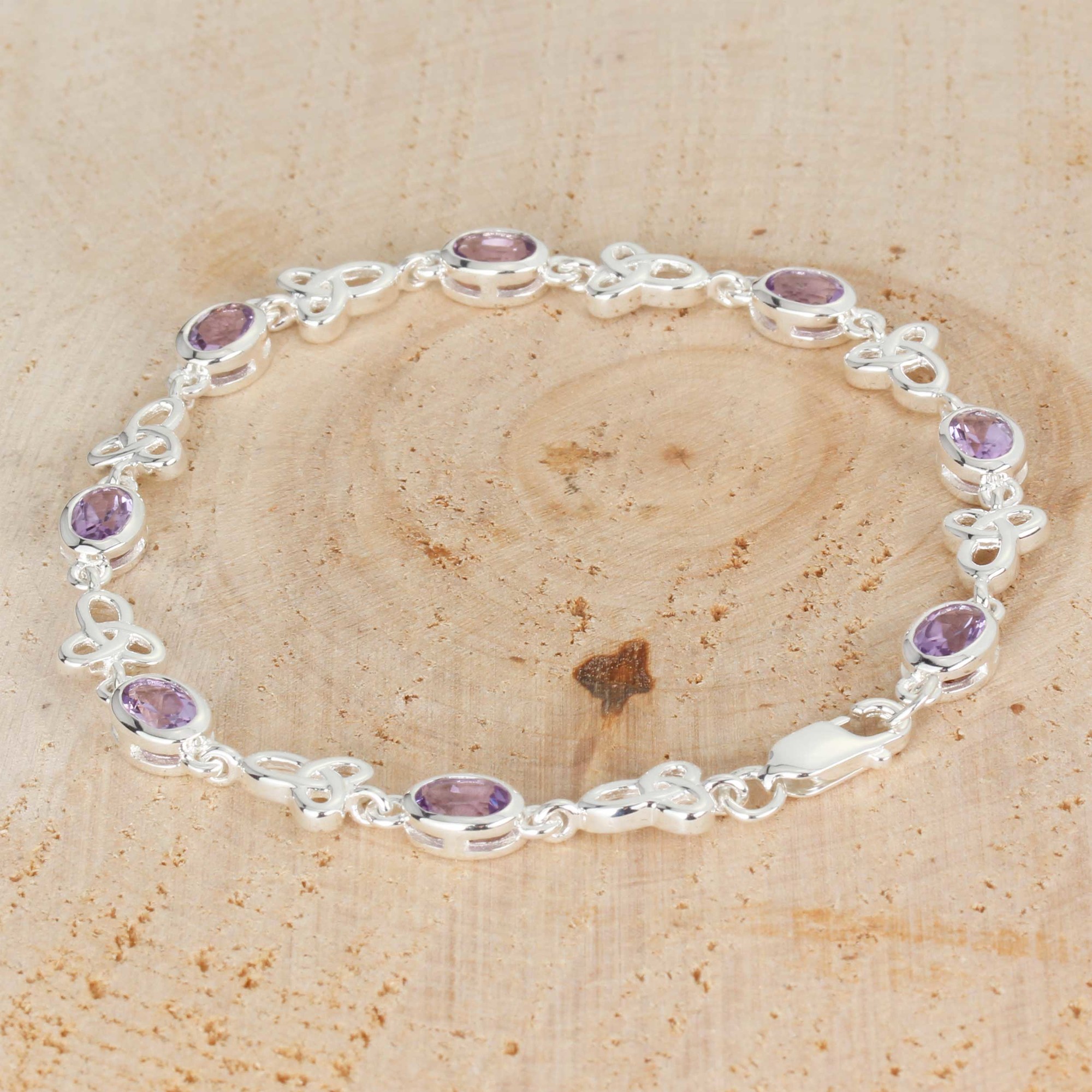Genuine Amethyst Celtic Bracelet - Solid Sterling Silver - 7.5 Inches